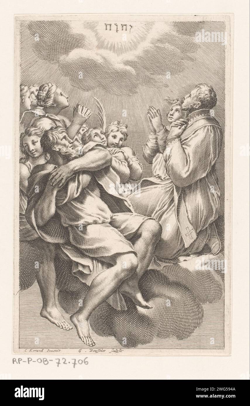 Group men and women on clouds in worship for Tetragram, Gilles ...