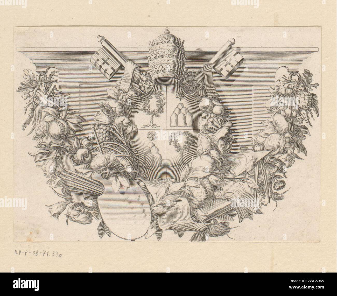 Coat of arms surrounded by flowers, fruit, painting palette and papal ...