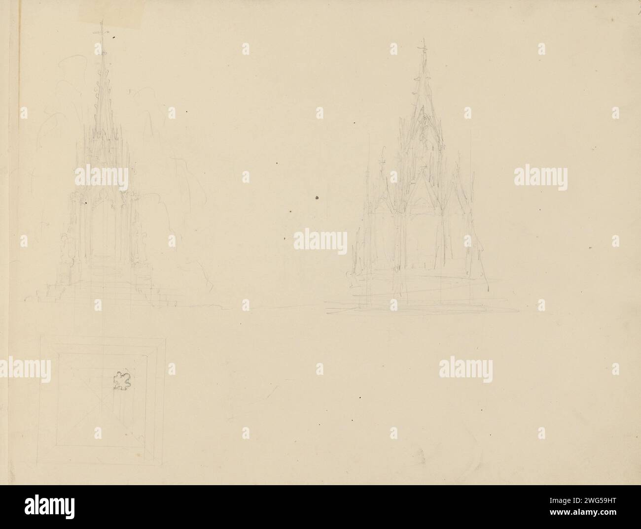 Two Gothic monuments, c. 1850 Also a study of a map. Leaf 9 Recto from ...