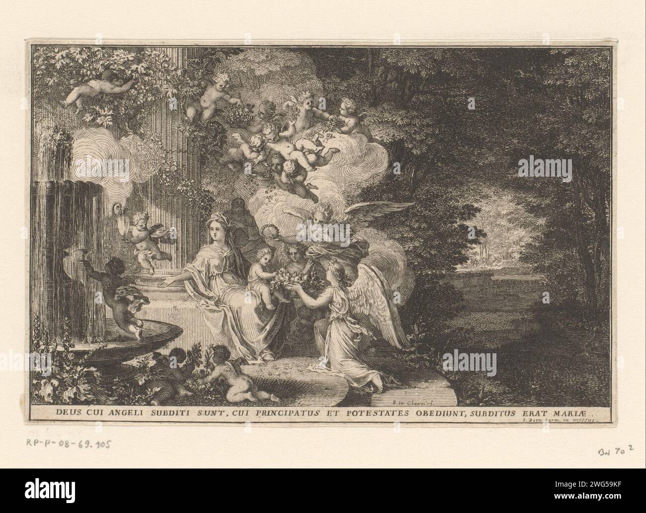 Maria with child surrounded by angels in a landscape with fountains ...