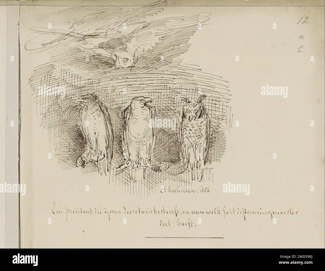 Two eagles and an owl, 1864 drawing Drawing A on leaf 12 recto from a ...