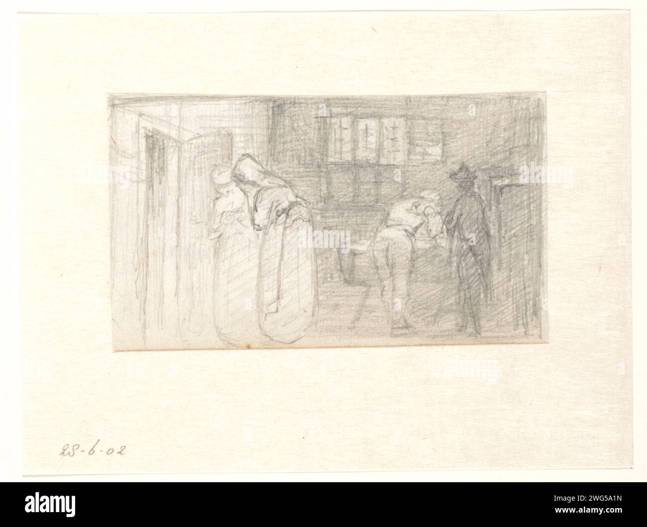 Interior with mourning people at a coffin, Hendrik Valkenburg, 1836 ...