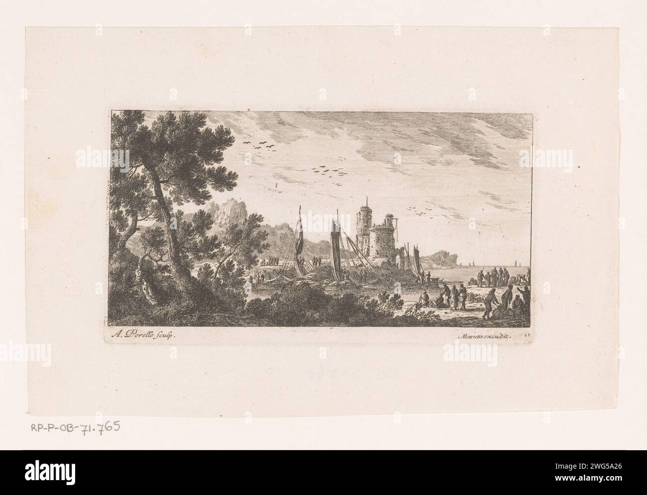 Coastal face with boats near tower, Adam Perelle, 1650 - 1695 print ...