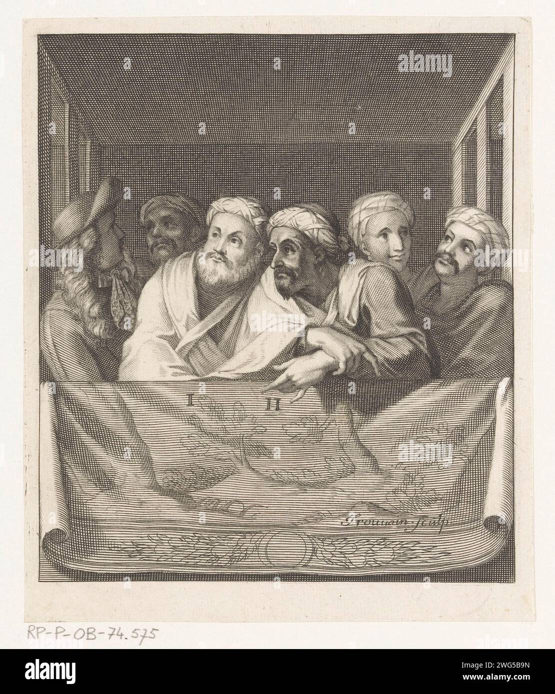 Five men with turban and one with a hat in a lodge behind a balustrade ...
