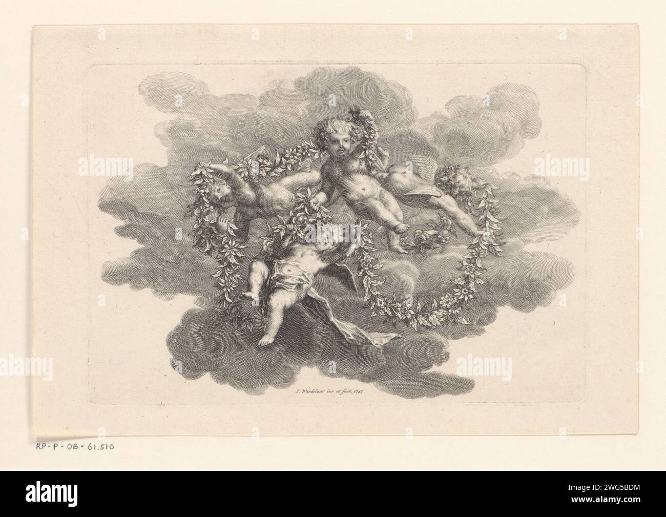 Four floating putti with garlands, Jan Wandelaar, 1747 print North ...