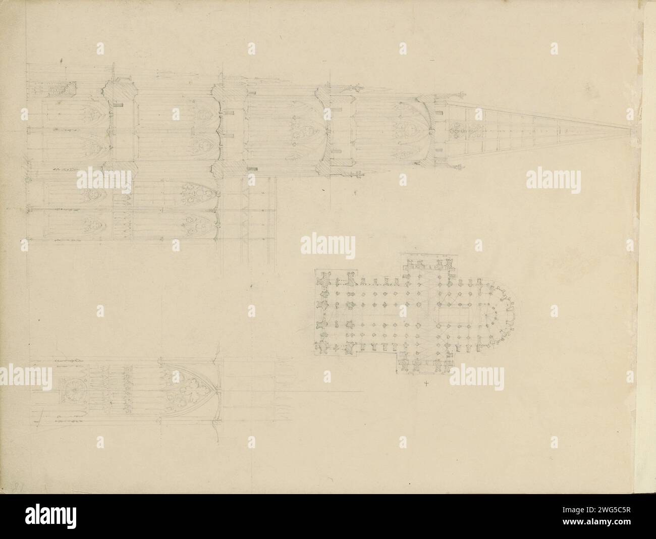Side view, map and portal of a Gothic cathedral, c. 1850 Leaf 15 Verso ...