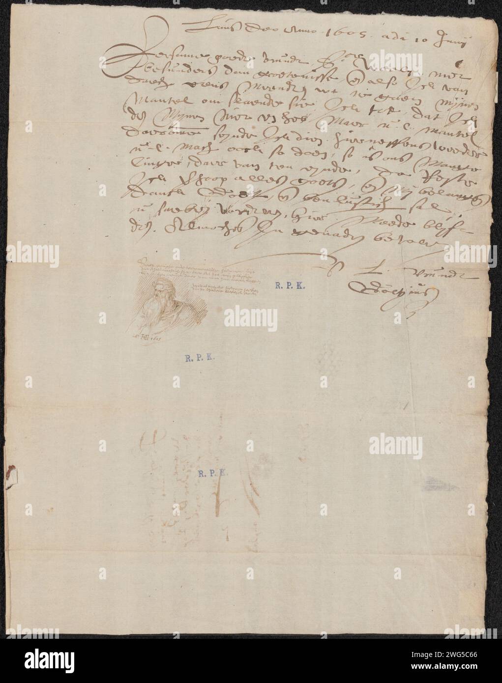 Letter to Jan van Weley, Hendrick Goltzius, 1605 drawing. letter paper ...
