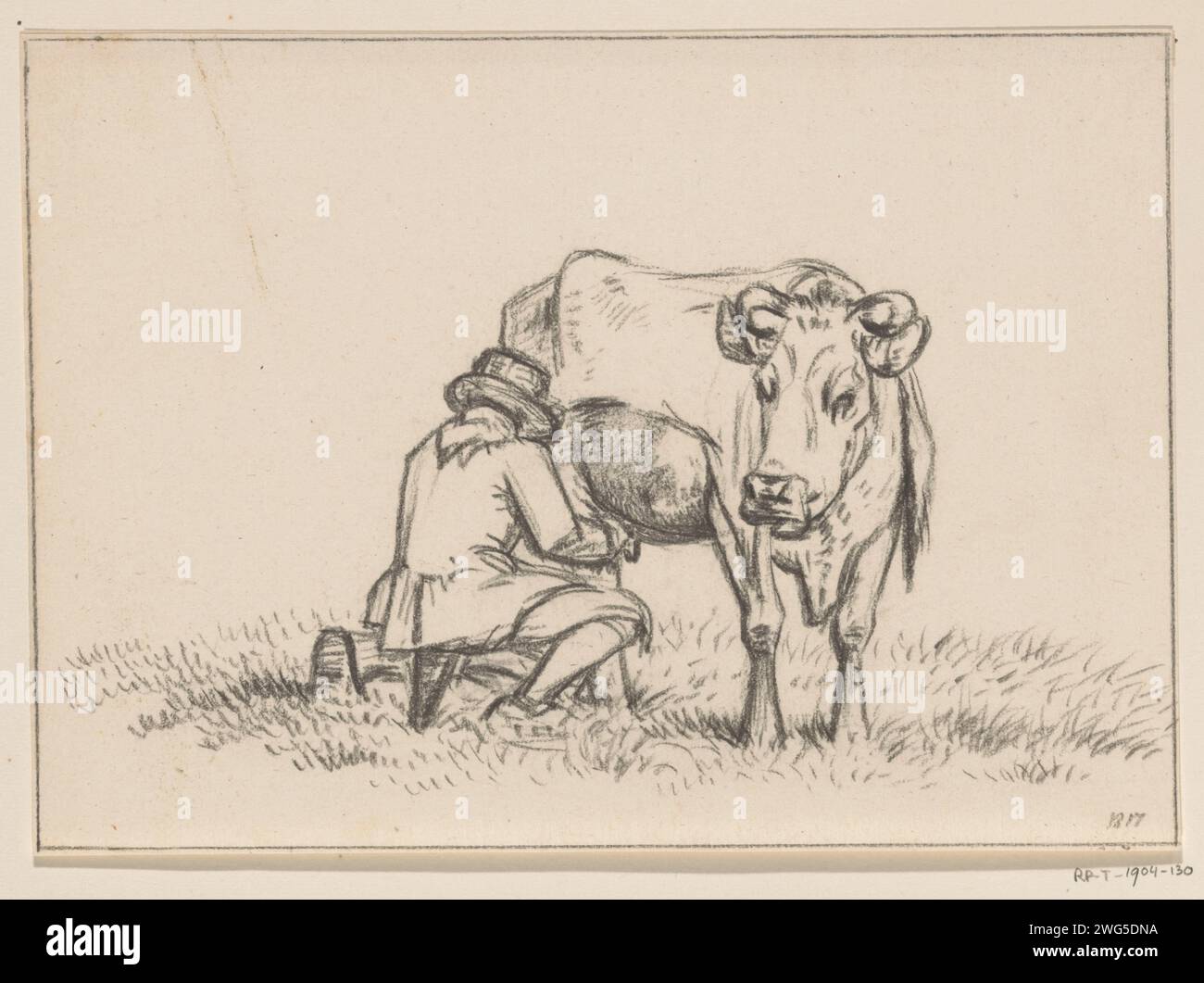 A cow is milked, Jean Bernard, 1817 drawing paper. pencil. chalk cow ...
