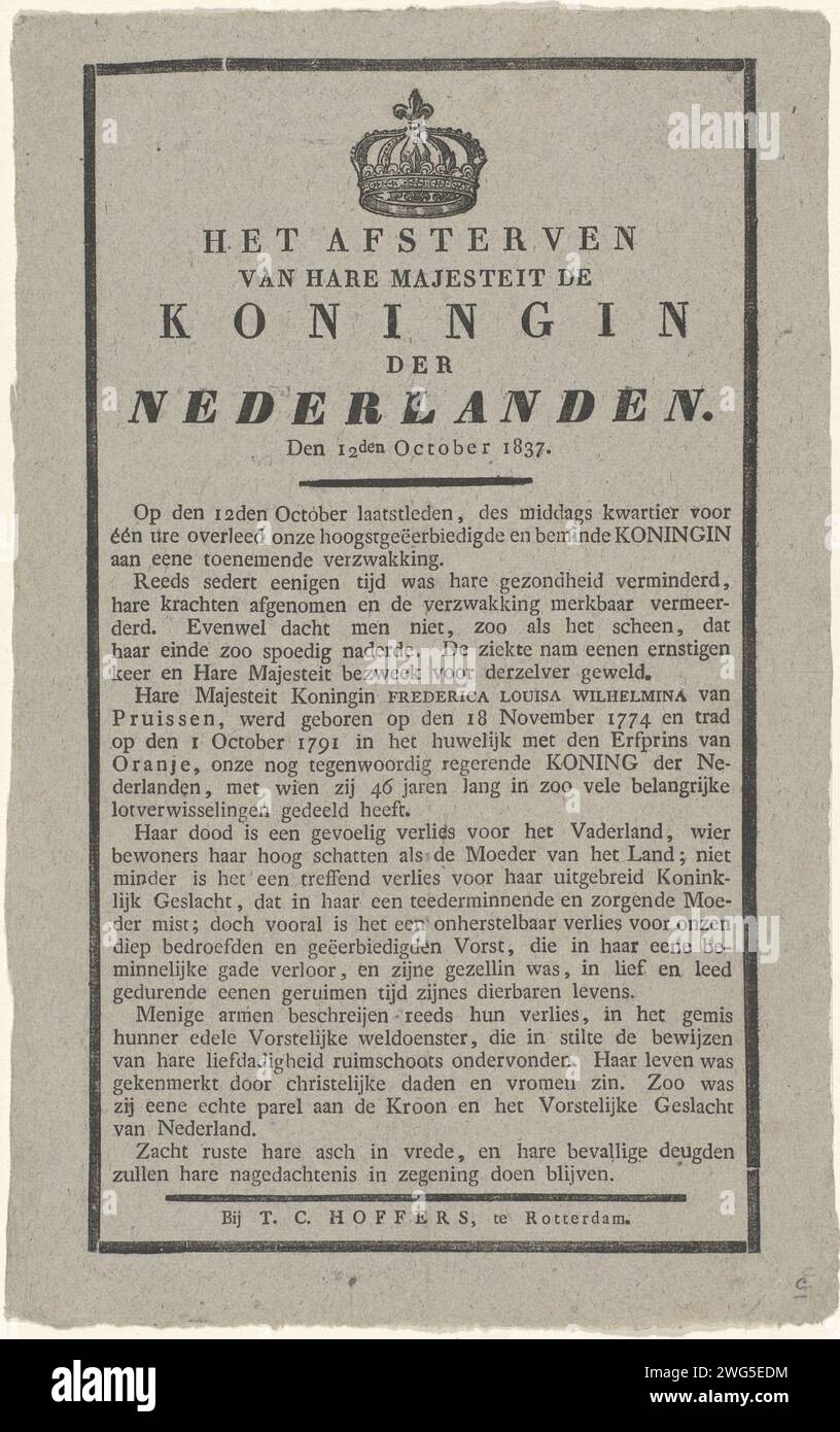 The death of her majesty the Queen of the Netherlands. October 12, 1837 ...