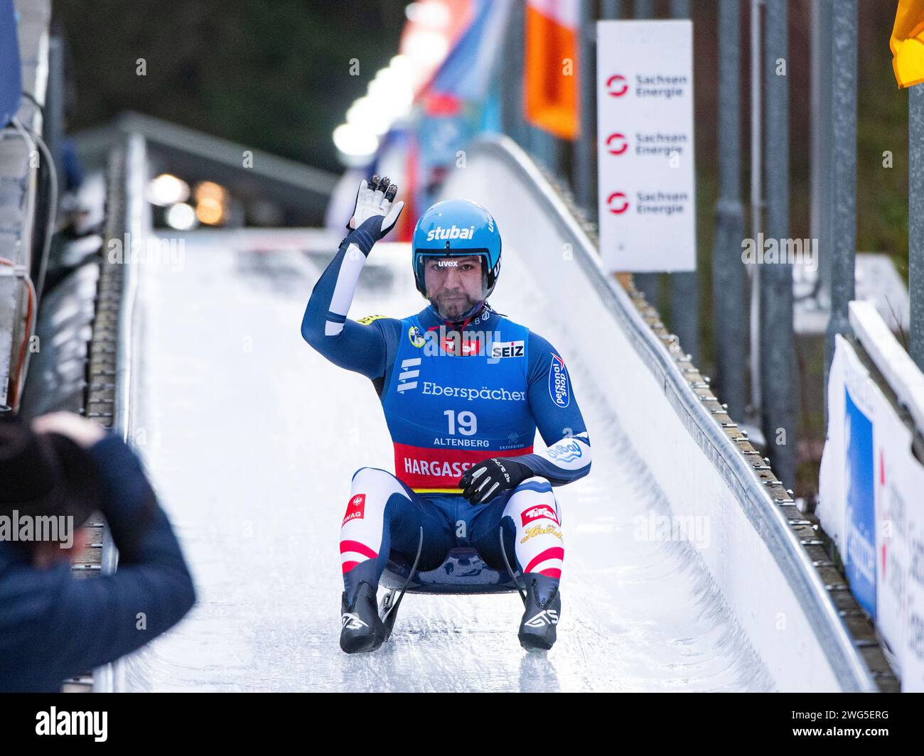 David Gleirscher (Oesterreich) im Ziel, GER, FIL Luge Rodel Weltcup ...