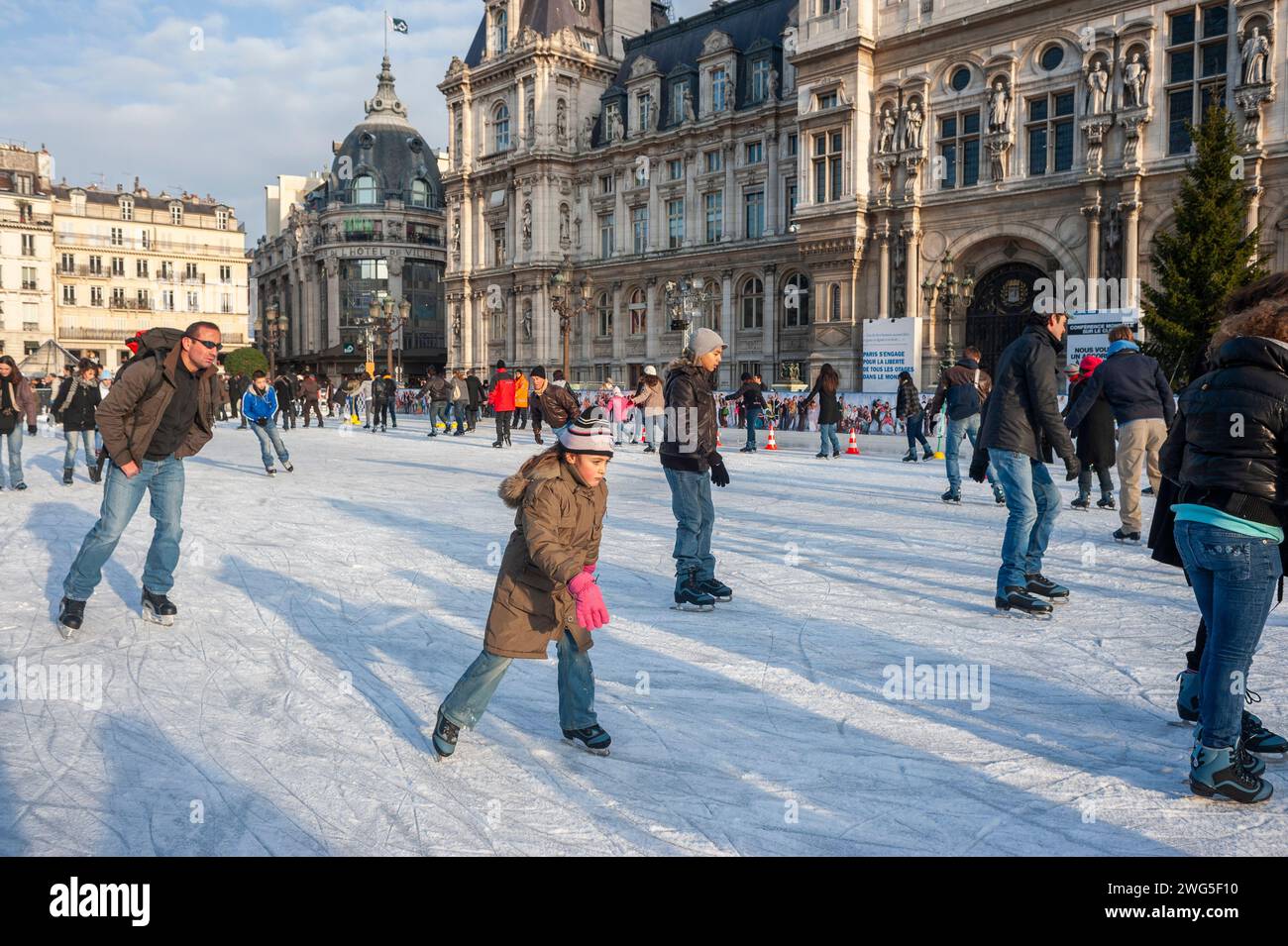 Paris, France, Large Crowd people, Ice Skaters on Ice Skating Rink at ...