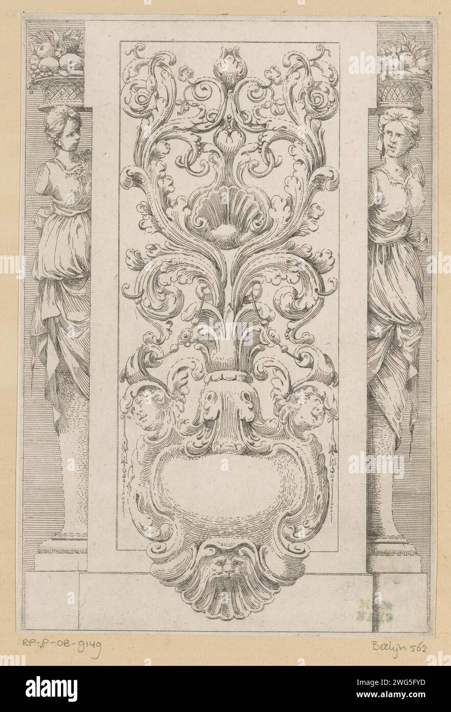 Cartouche with arabesks between two Cararians with fruit baskets on the ...