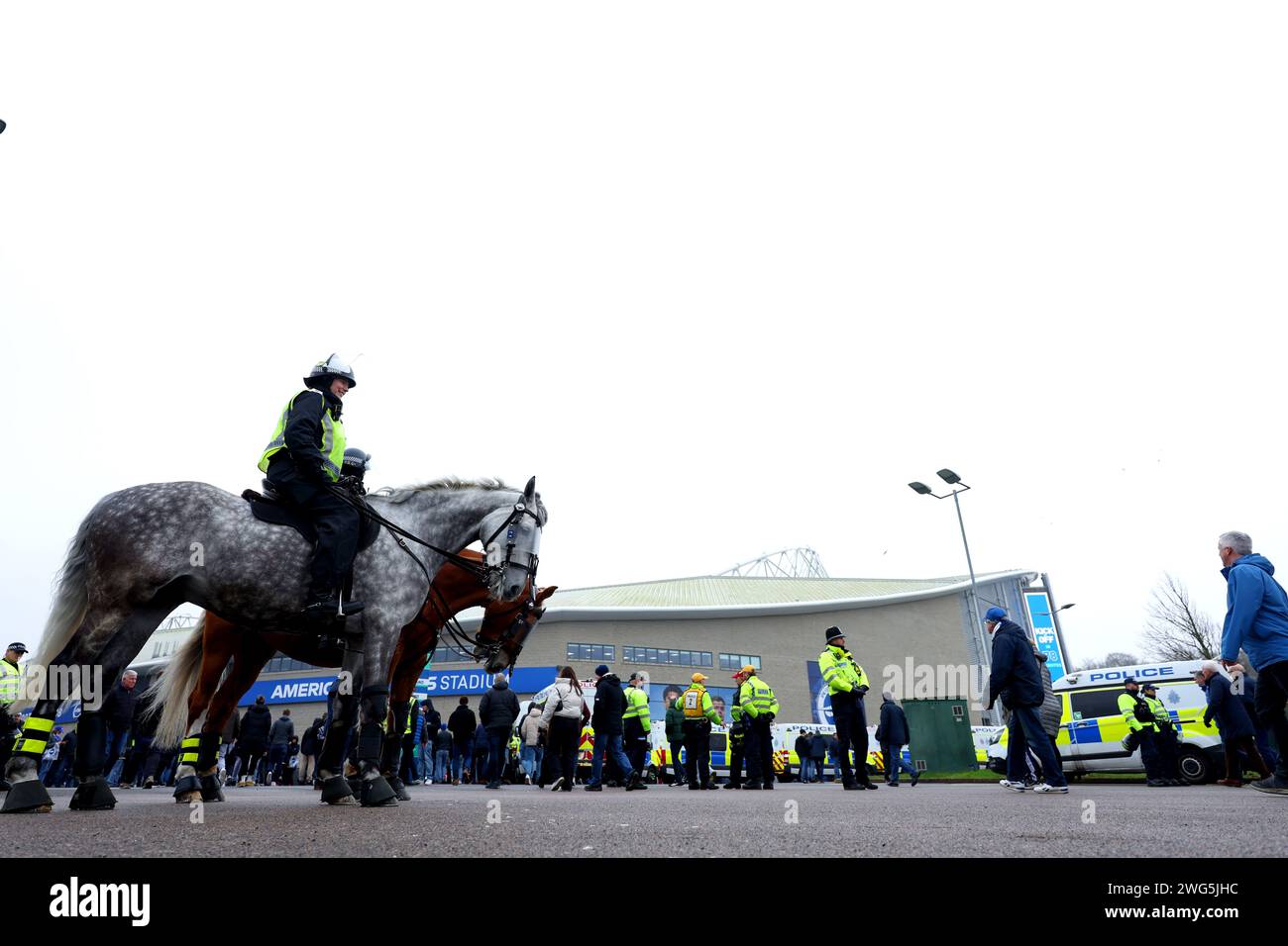 Mounted police patrol outside of the stadium ahead of the Premier ...