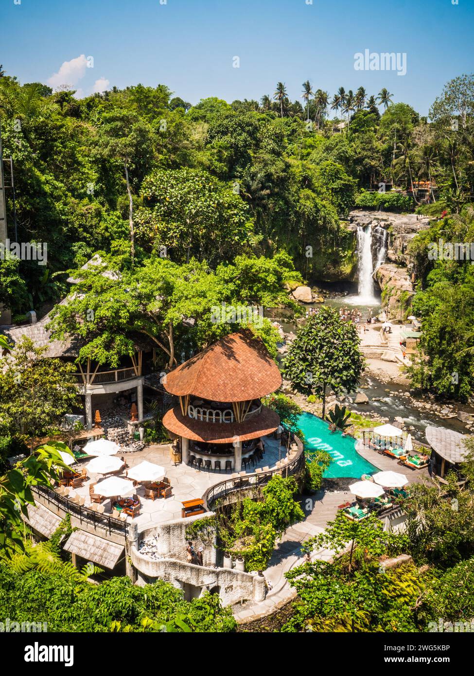 Beautiful restaurant with infinity pool and waterfall, Bali Stock Photo ...