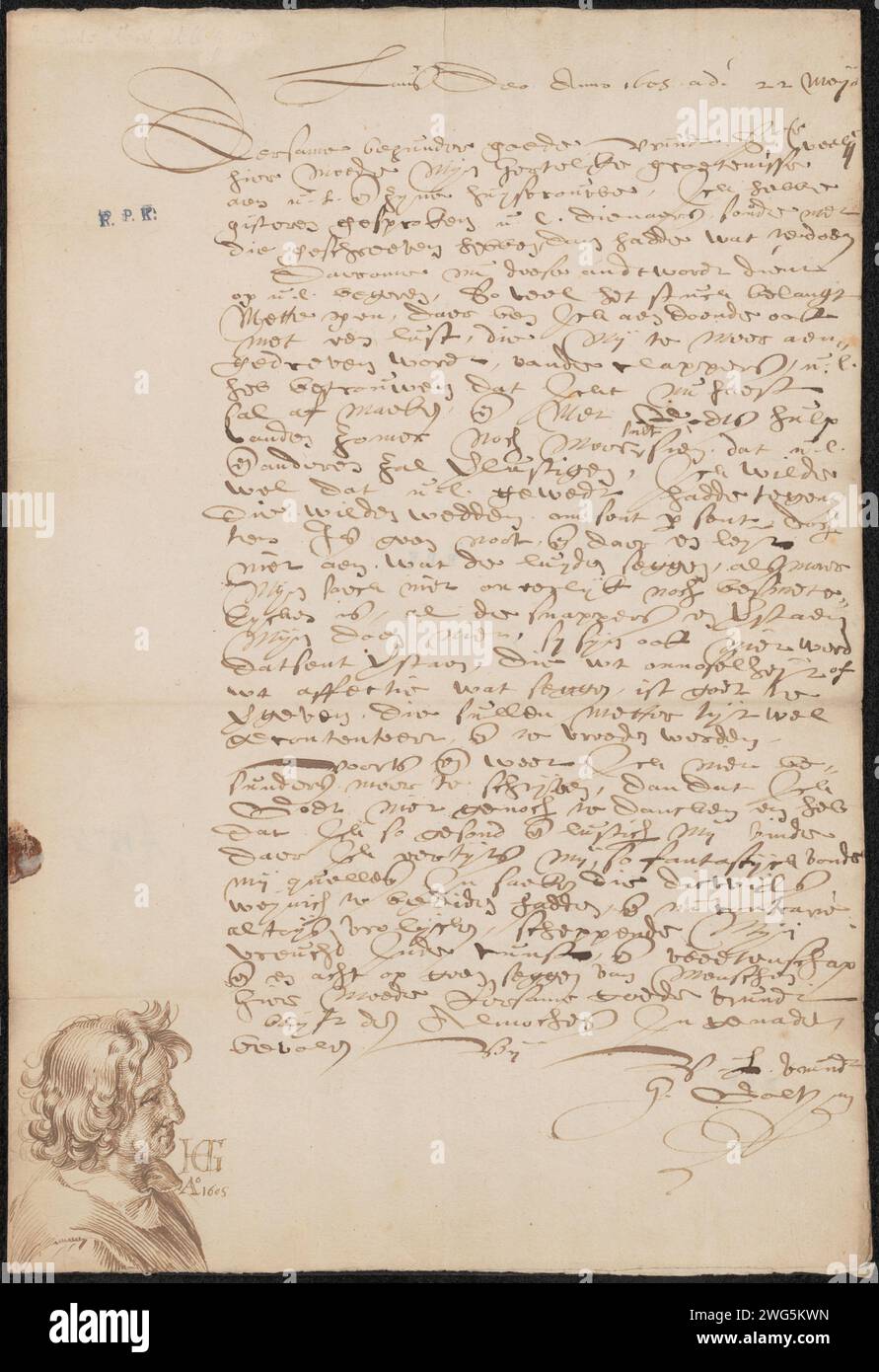 Letter to Jan van Weley, Hendrick Goltzius, 1605 drawing. letter paper ...