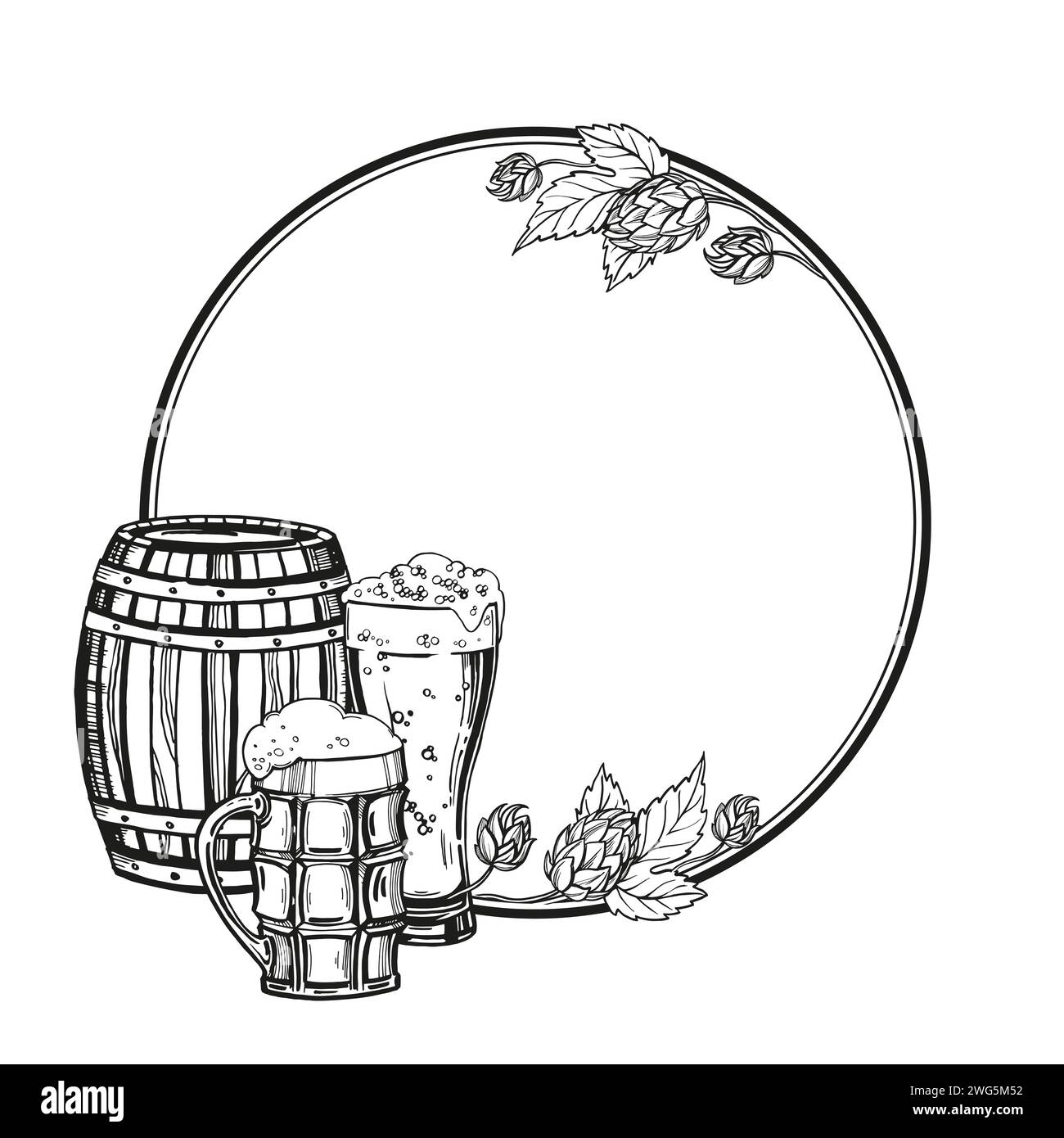 Hand drawn vector frame with wooden barrel for wine, beer, whiskey and ...