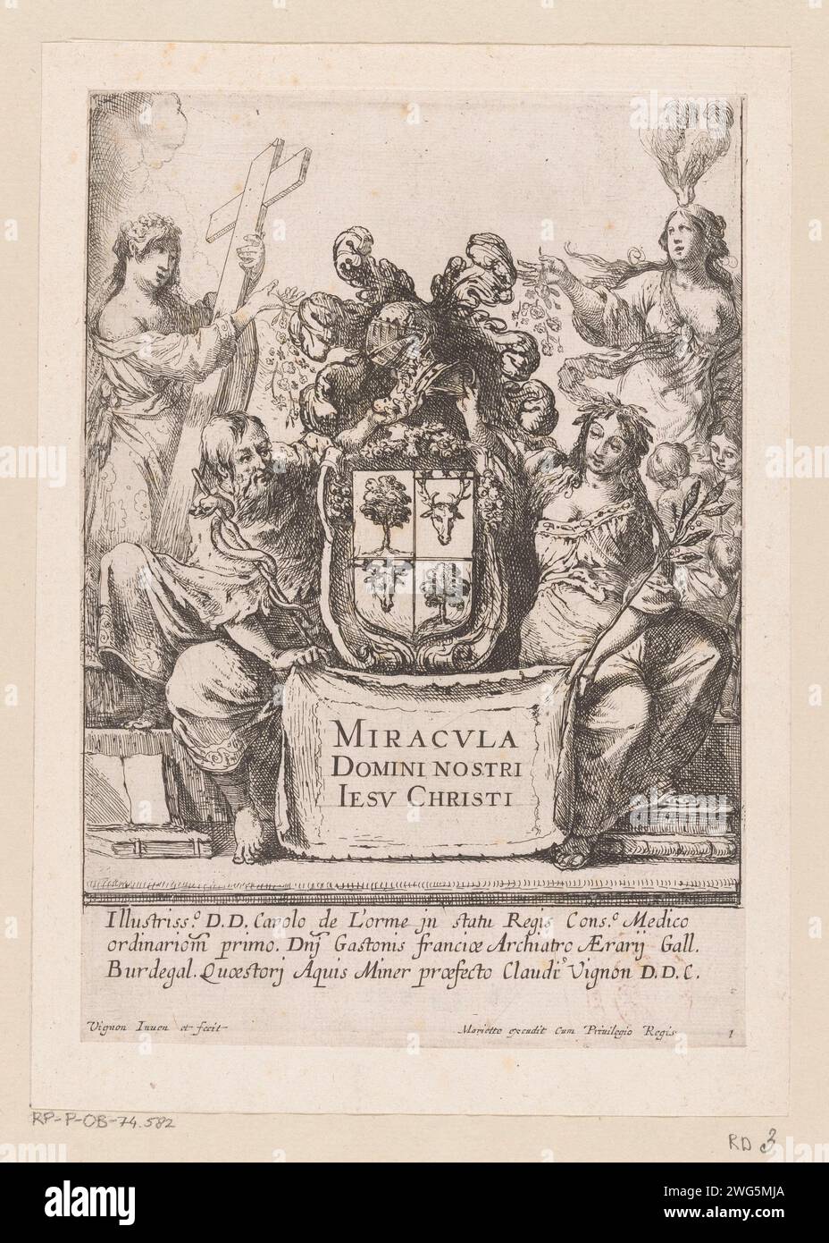Title print with a coat of arms flanked by four allegorical figures ...