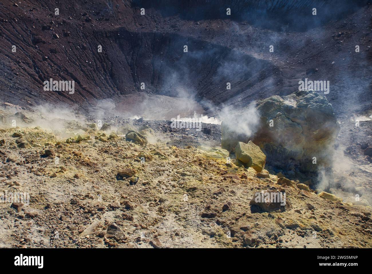 Sulphur gas coming out of the volcanic crater on the vulcano island ...