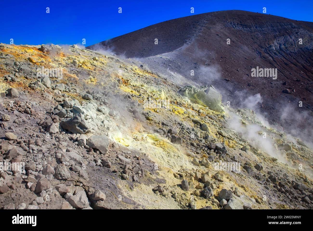 Sulphur gas coming out of the volcanic crater on the vulcano island ...