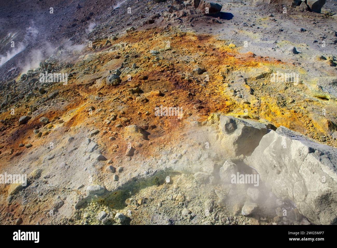 Sulphur gas coming out of the volcanic crater on the vulcano island ...