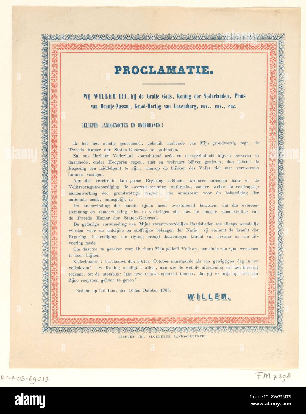 Proclamation of King William III, 1866, 1866 text sheet Proclamation of ...