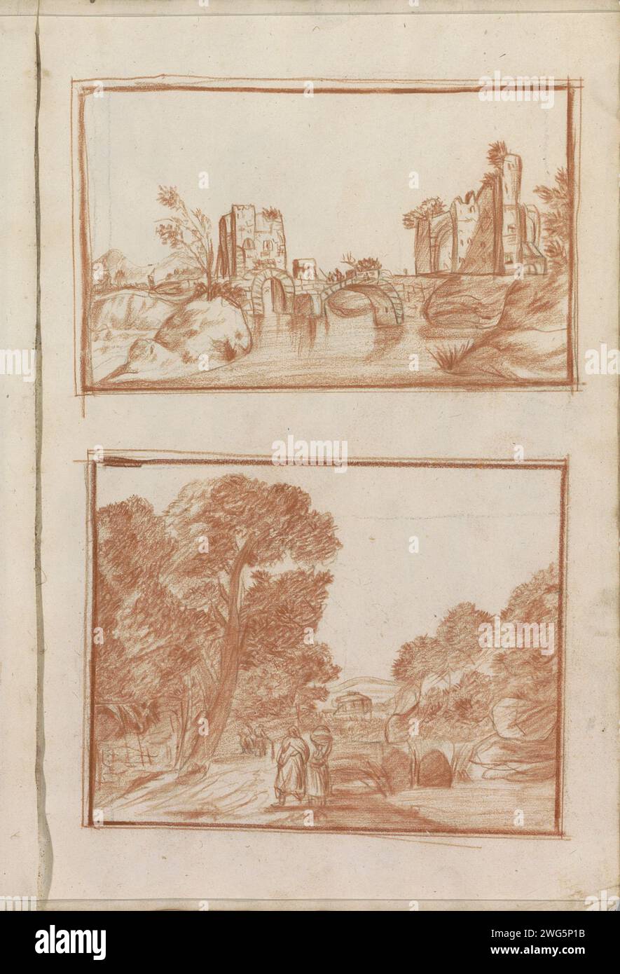 Cityscape and a landscape with figures, 1696 View of a city on a river ...