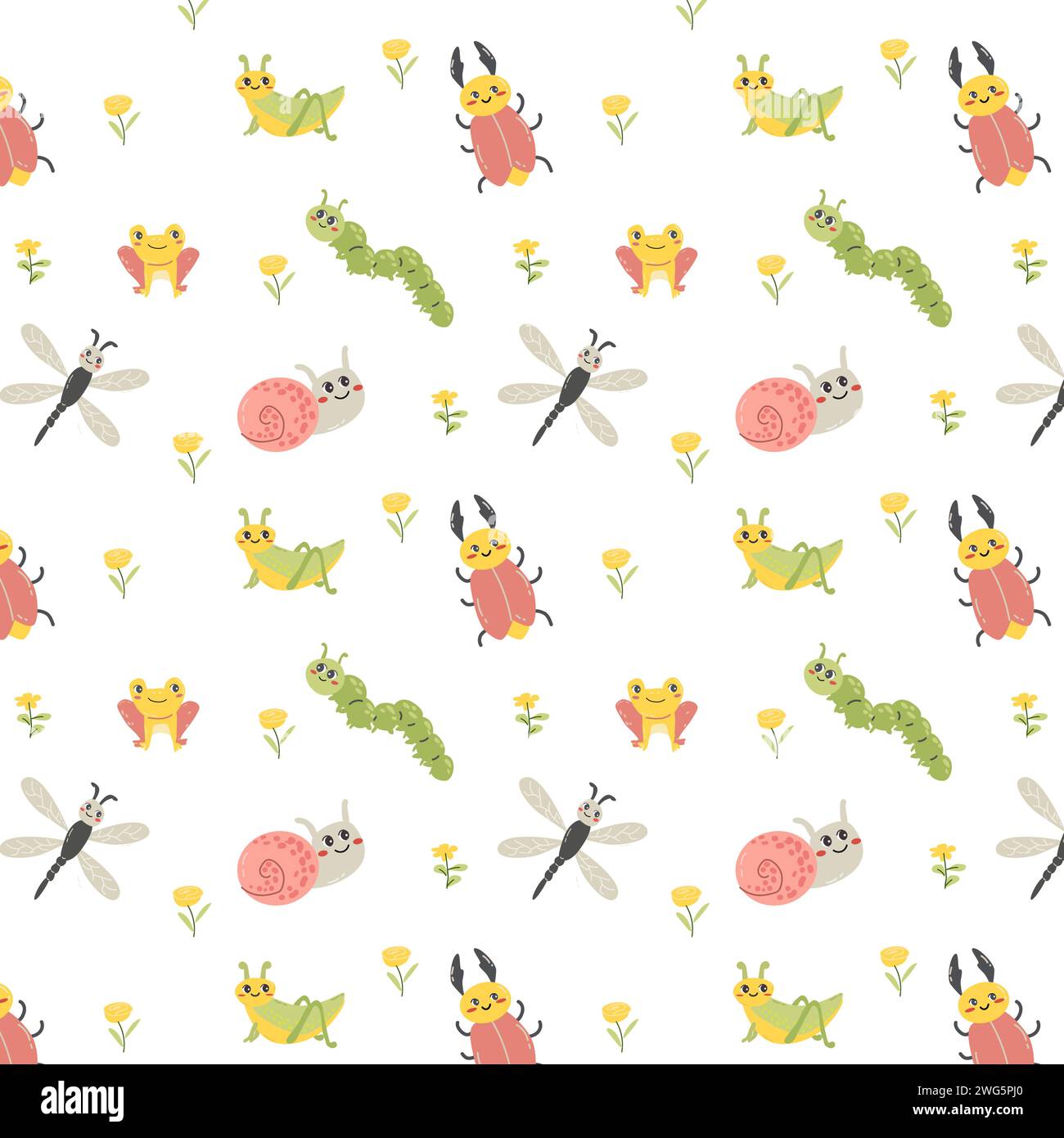 Cute cartoon snail, frog and beetle bug background. Vector illustration ...