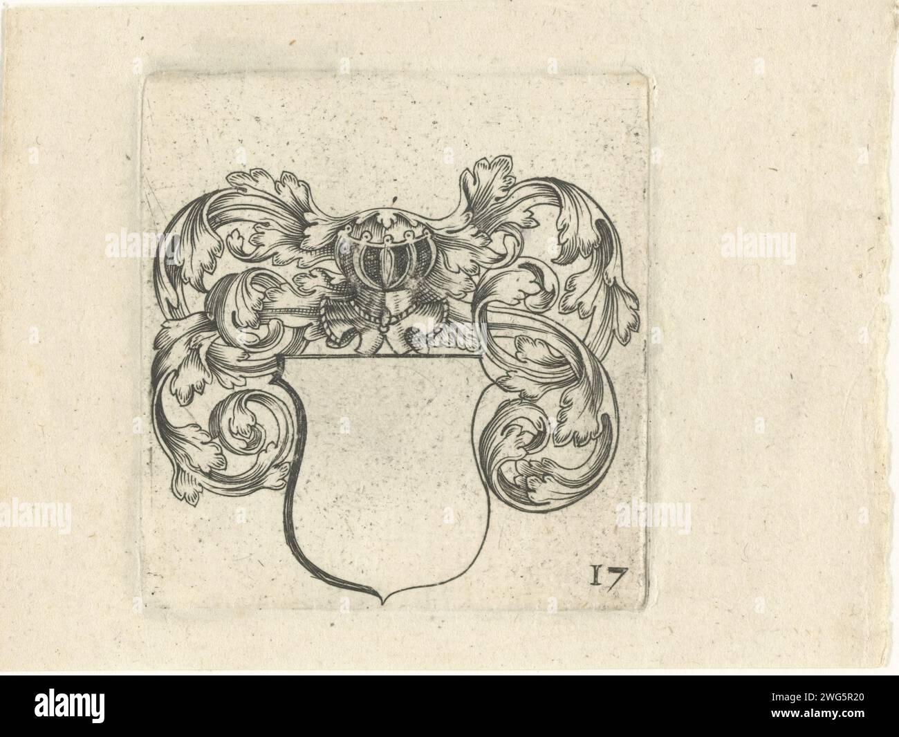 Coat of arms with helmet and leaf vines, 1625 print Leaf from series of coats of arms with empty ...