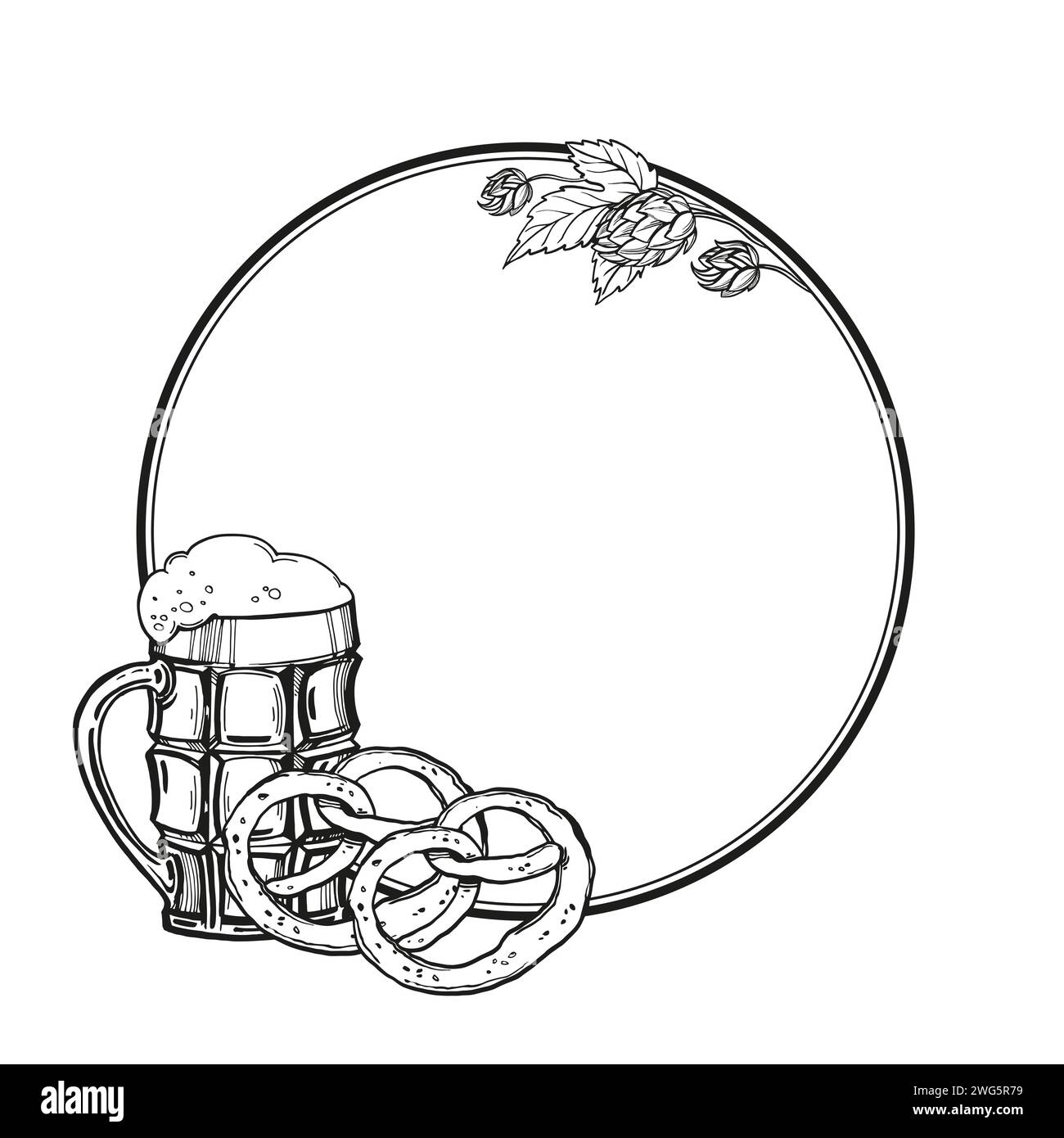 Hand drawn vector frame with beer beer glasses and pretzel, hop plant ...