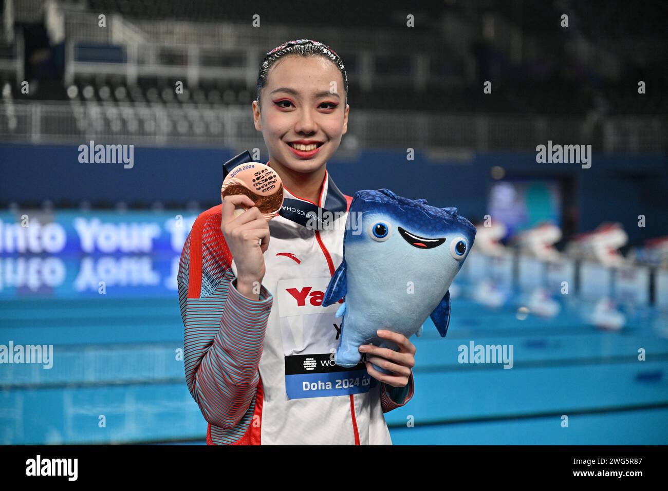 Doha, Qatar. 3rd Feb, 2024. Bronze medalist China's Xu Huiyan poses ...