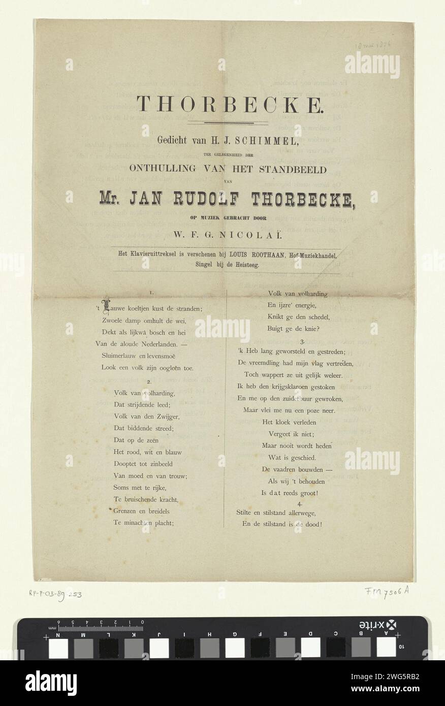 Poem on the unveiling of the statue of Thorbecke, 1876, 1876 text sheet ...