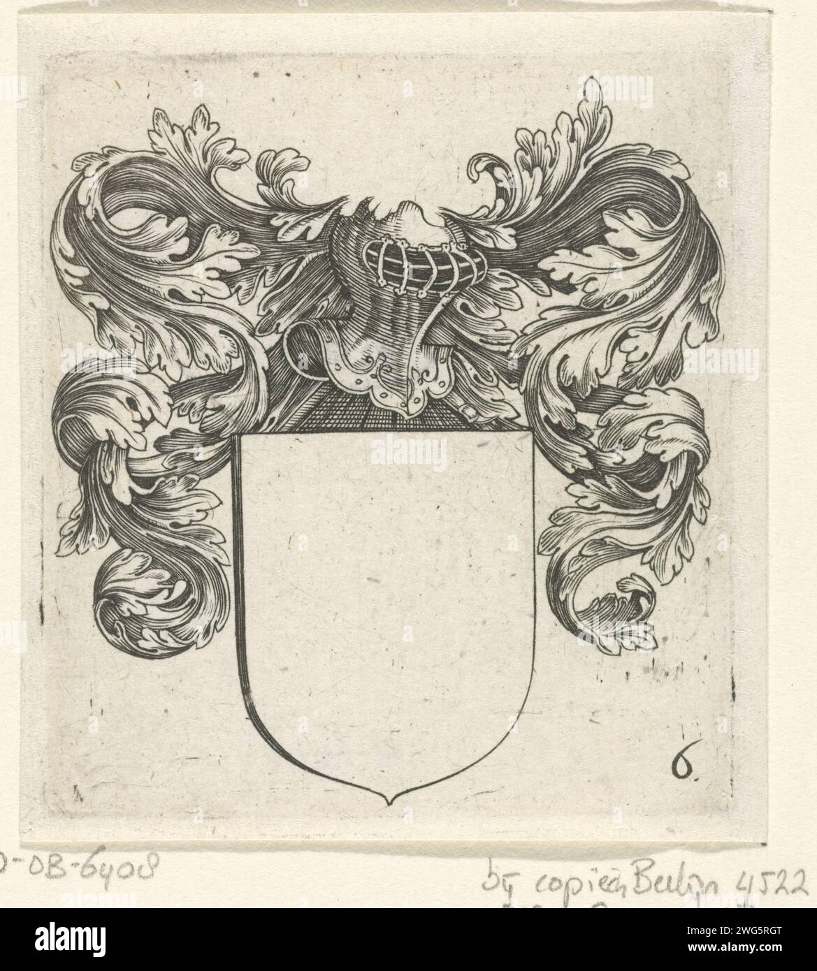 Coat of arms with a helmet and leaf vines, 1625 print The helmet points to the right. Leaf from ...