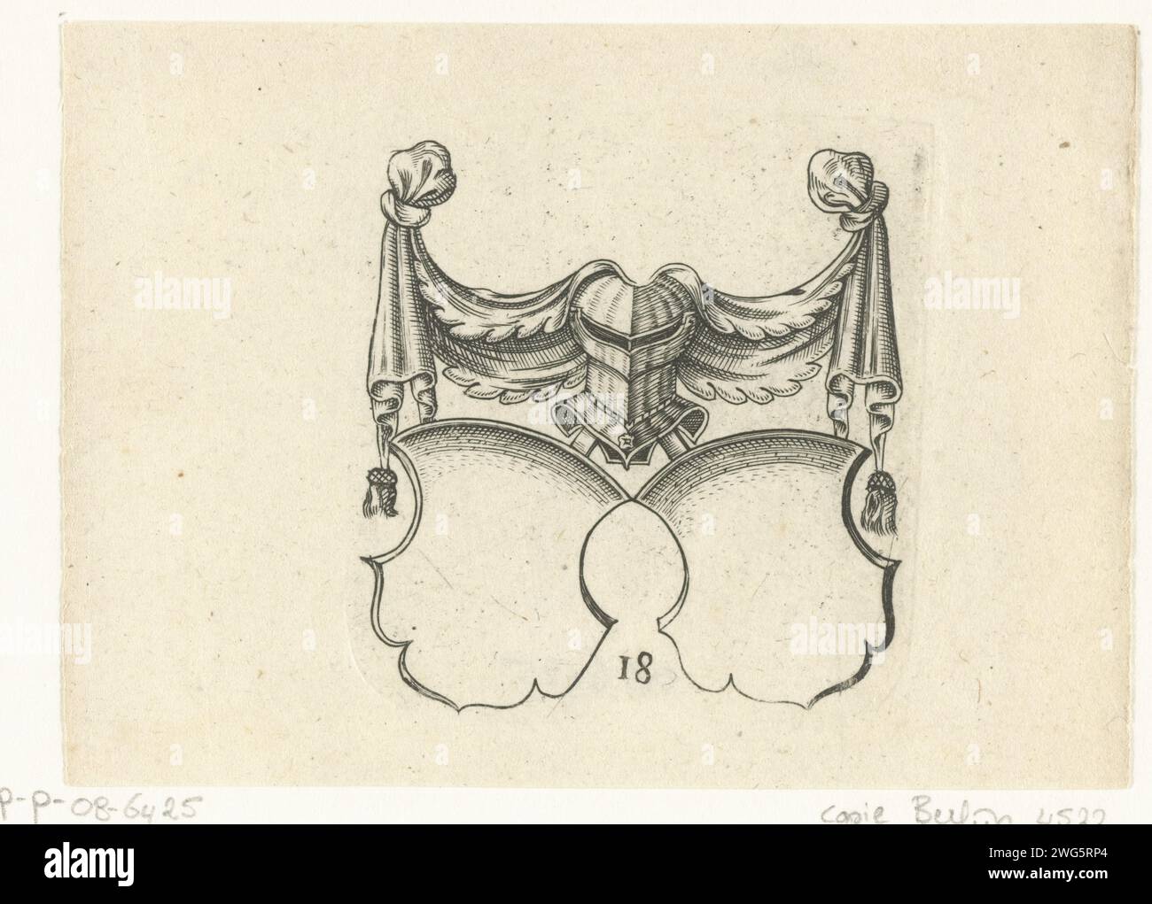 Two coats of arms side by side, 1625 print Above it is a helmet with a drapery on both sides ...