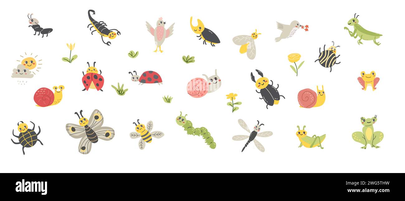 Cute cartoon animals and insects bugs, butterfly, birds, frog. Vector ...
