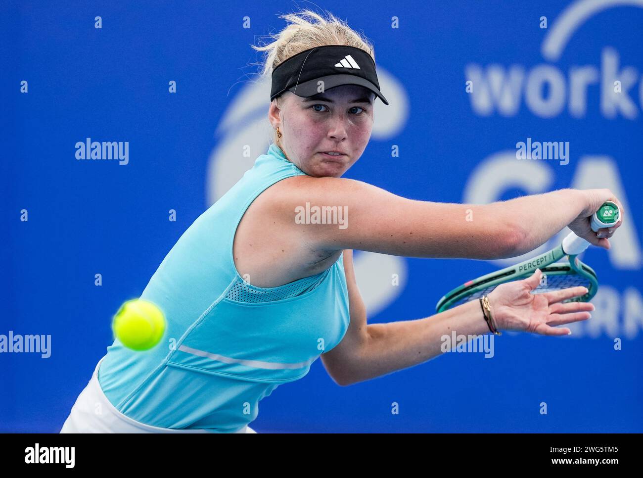 Clara Tauson of Denmark in action during the quarterfinals of the 2024 ...