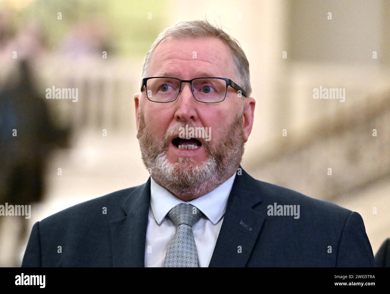 UUP Leader Mr Doug Beattie speaking to the media in the Great Hall at ...