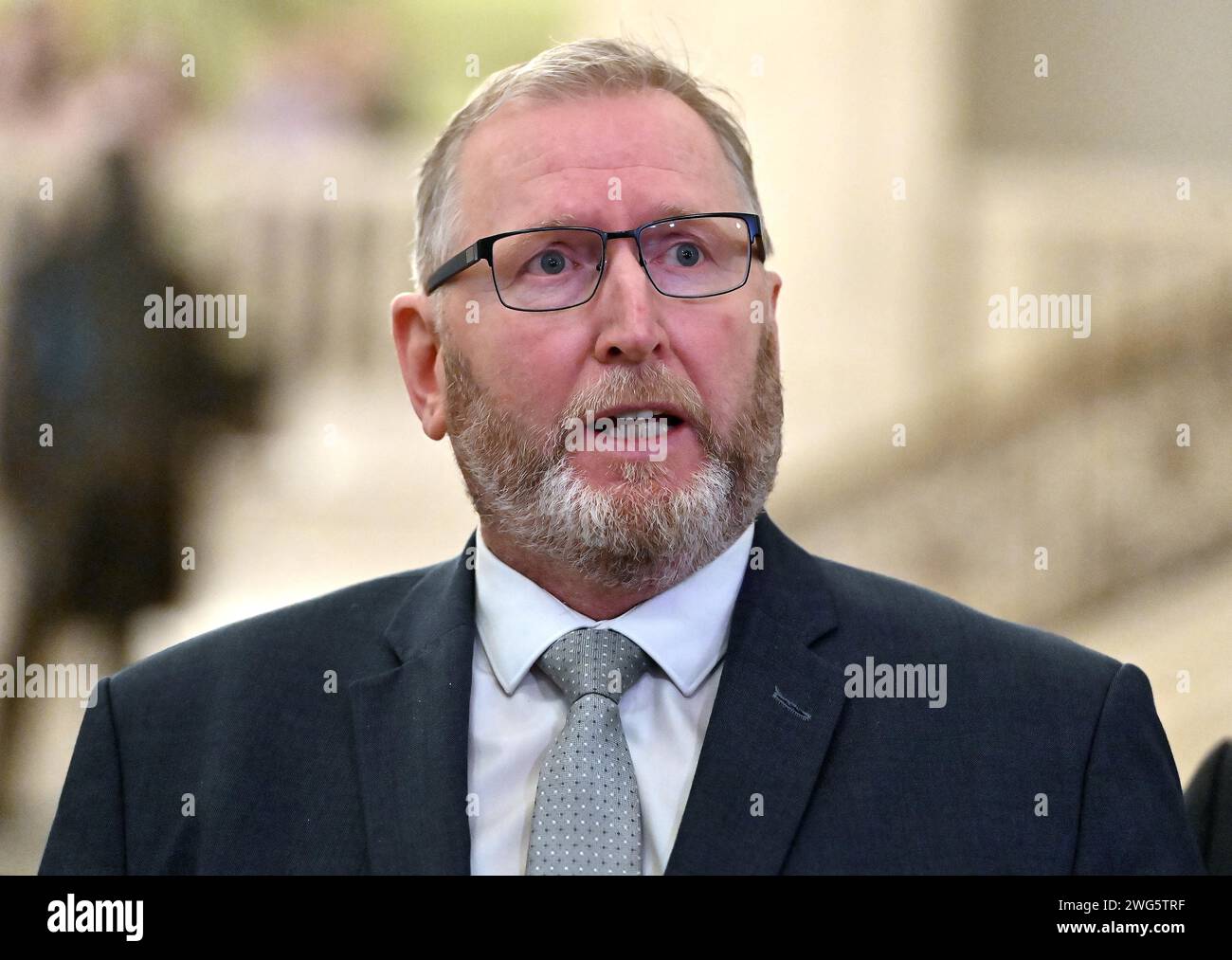 UUP Leader Mr Doug Beattie speaking to the media in the Great Hall at ...