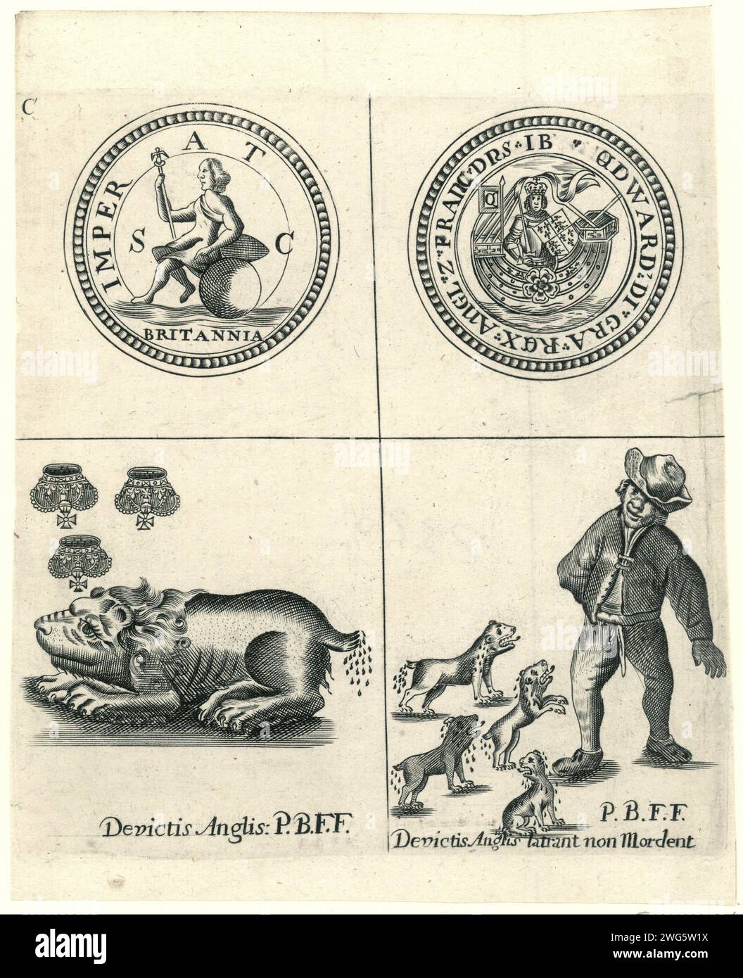 Dutch cartoon on the English Doggen, 1672, William Sherwin (Attributed ...