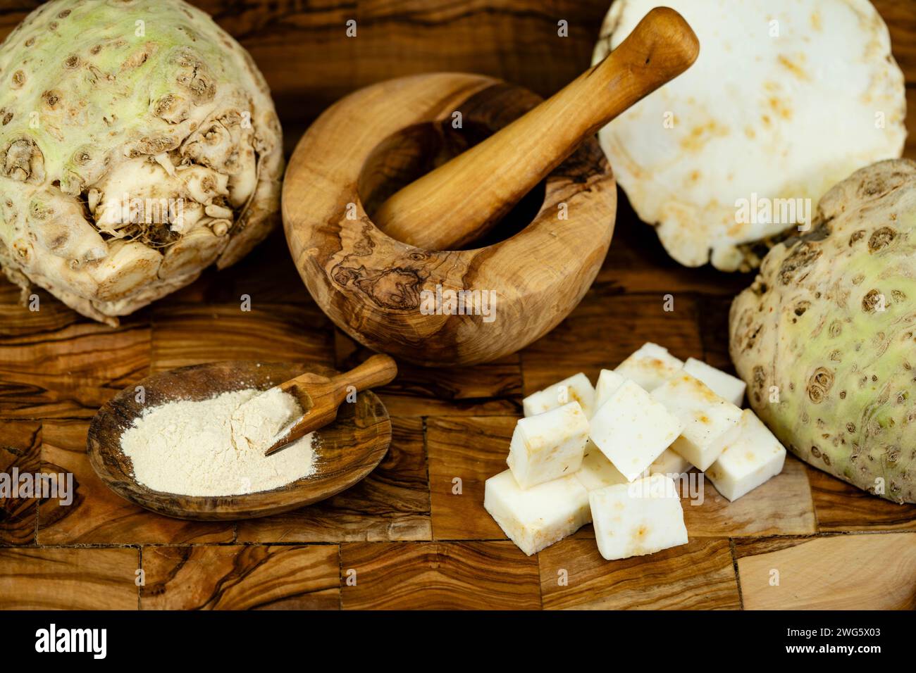 Fresh celery Apium graveolens on olive wood Stock Photo - Alamy