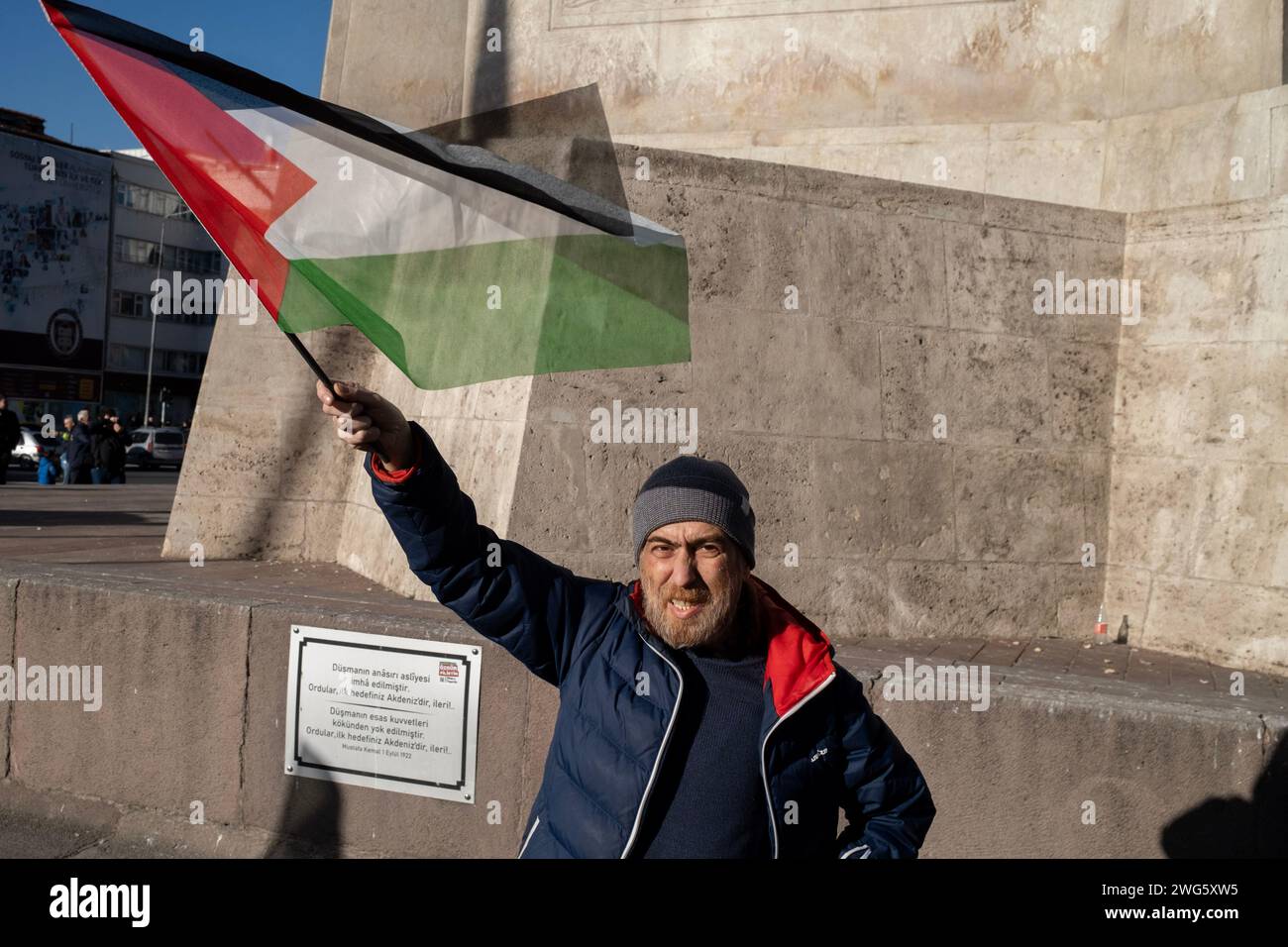 Ankara, Turkey. 06th Jan, 2024. A man waves a Palestinian flag during ...