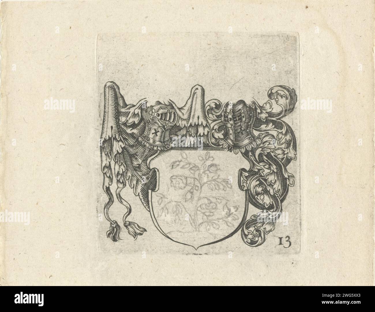 Coat of arms crowned with two helmets, 1625 print There is a drapery on ...