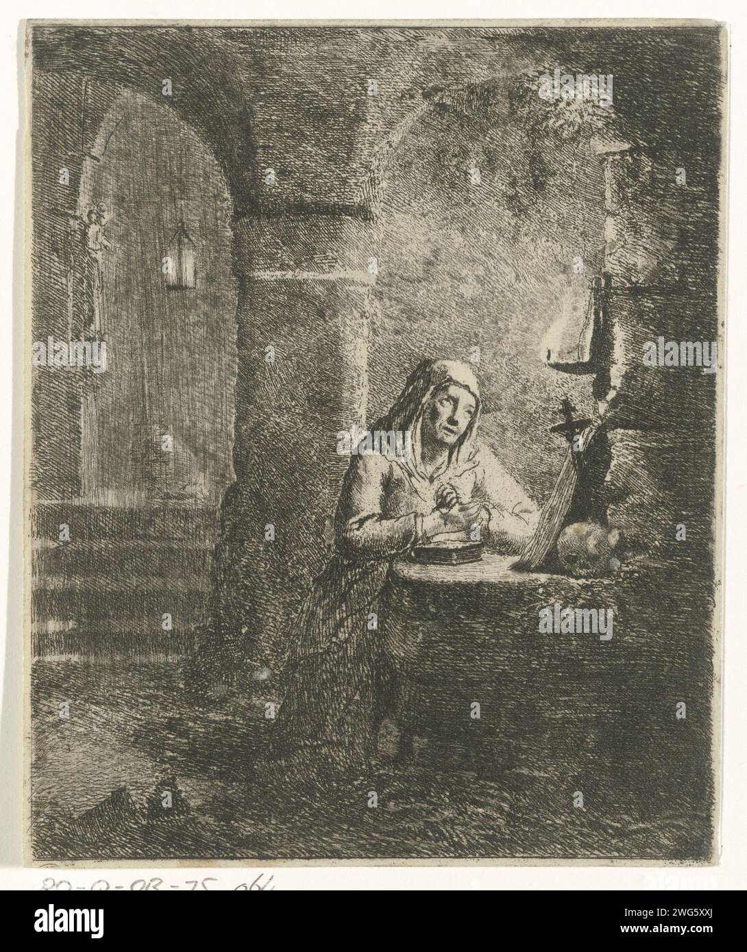 Praying woman at Crucifix and skull in a church, Anonymous, 1750 - 1808 ...