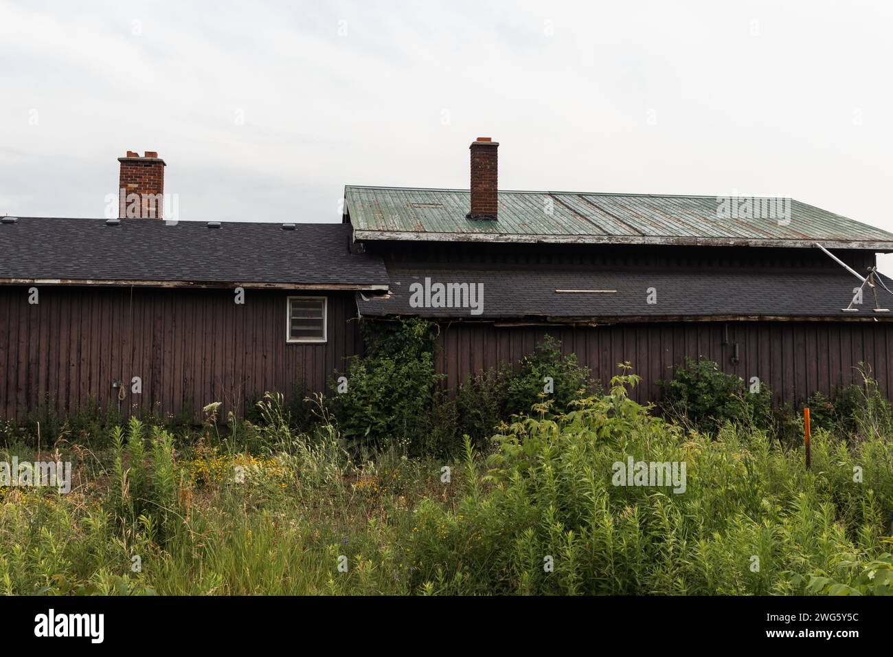 Old wooden barn - weathered texture - green metal roof - surrounded by ...