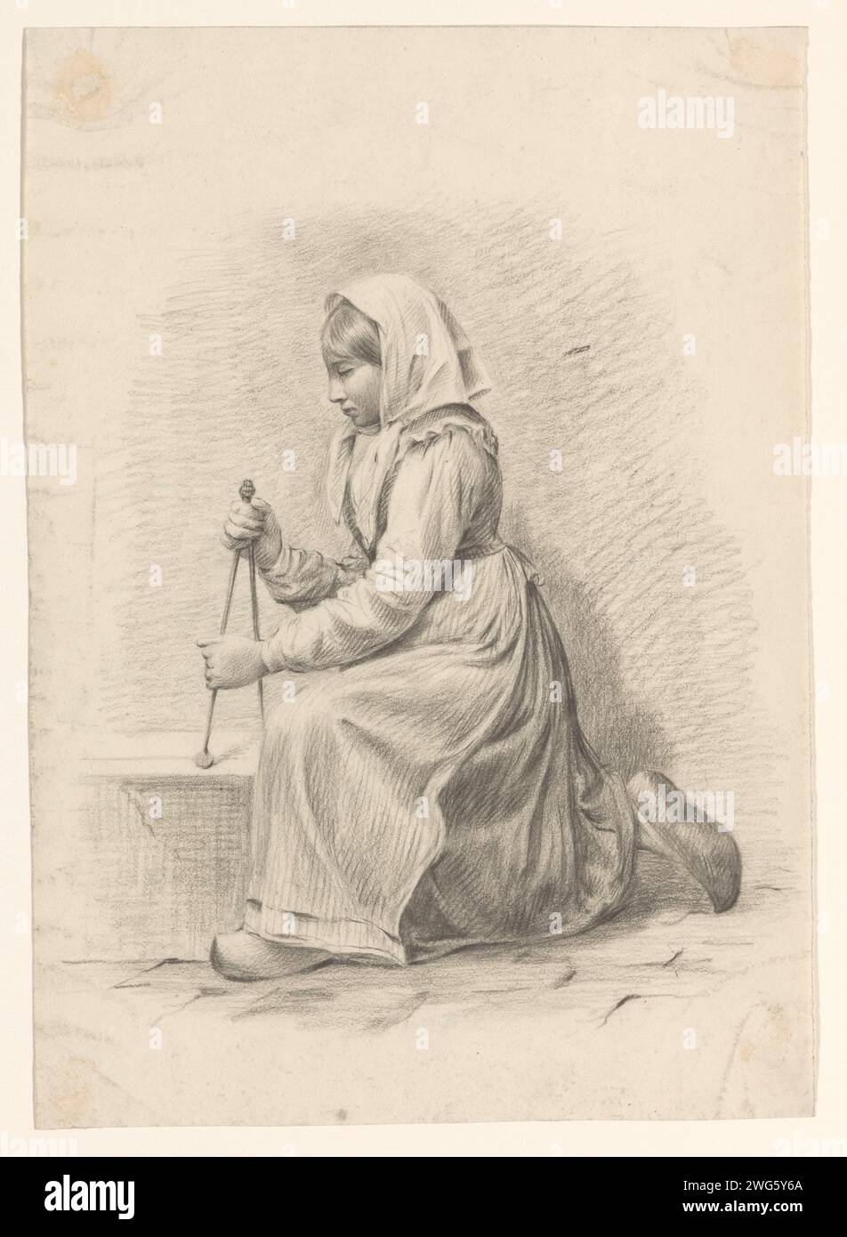 Kneeling girl, to the left, Alexander Cranendoncq, 1809 - 1869 drawing ...