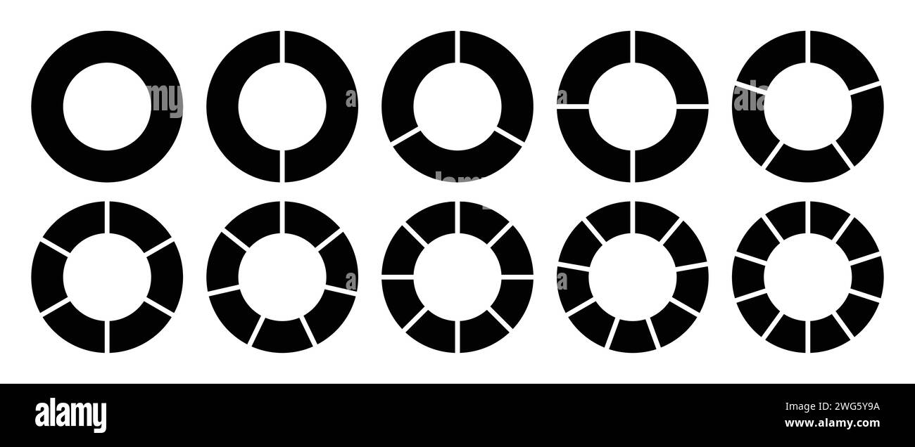 Circle divided into 1-10 parts in black color. Hollow circle segmented ...