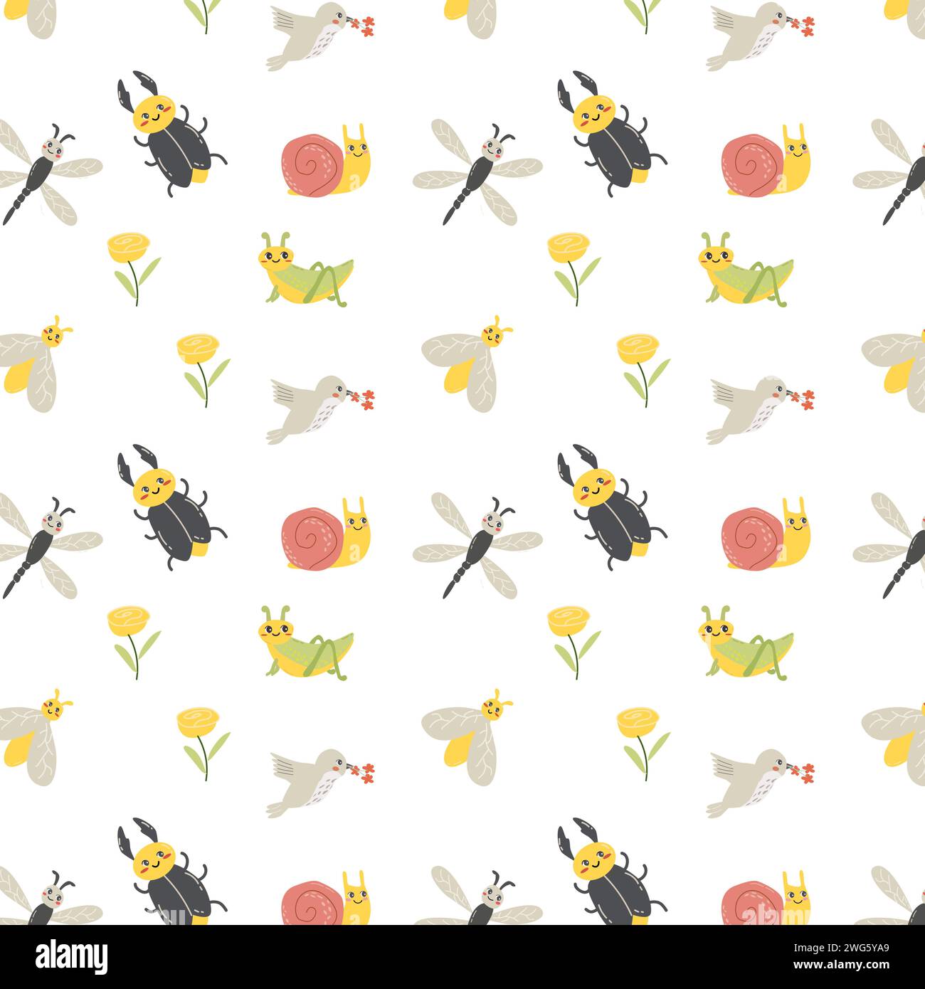Cute insects dragonfly and beetle bug, snail background. Vector ...
