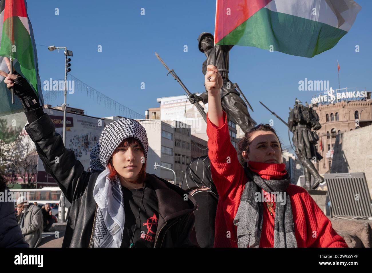 Ankara, Turkey. 6th Jan, 2024. Two women hold Palestinian flags during ...