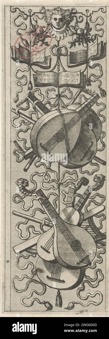 Musical instruments, 1572 print Three music books and string ...