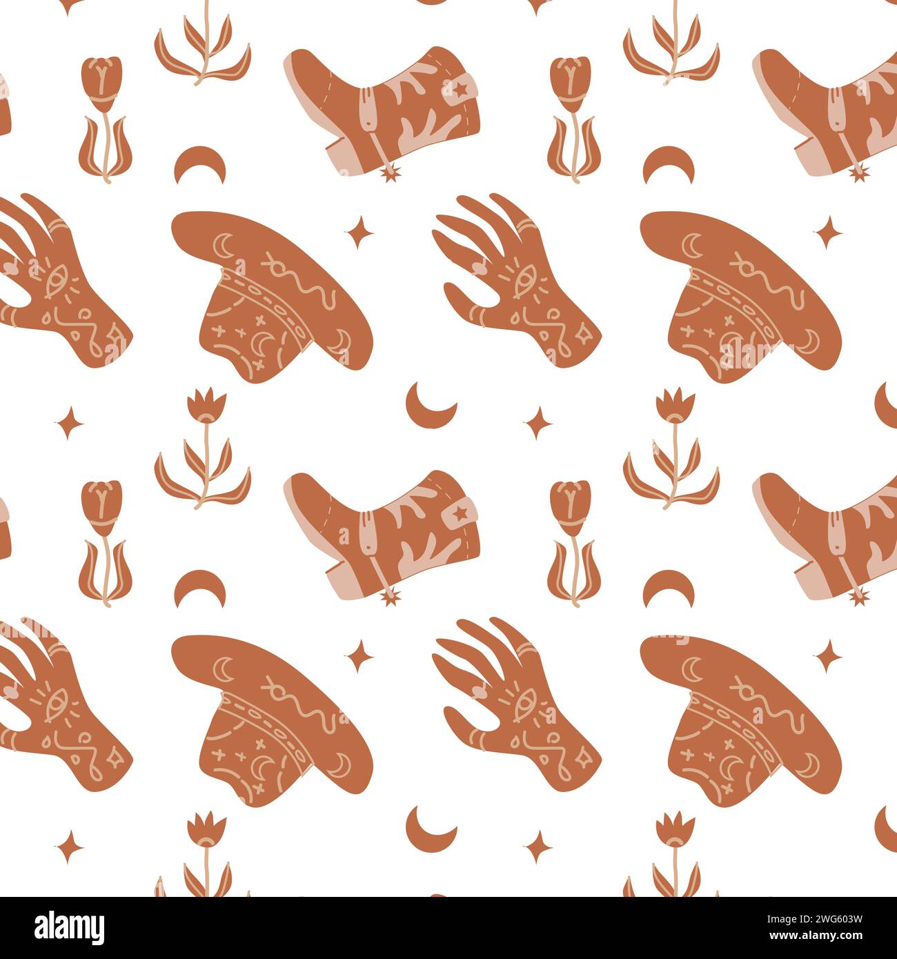 Western boho pattern with mystery elements. Vector illustration in brown color. Floral and magic ...