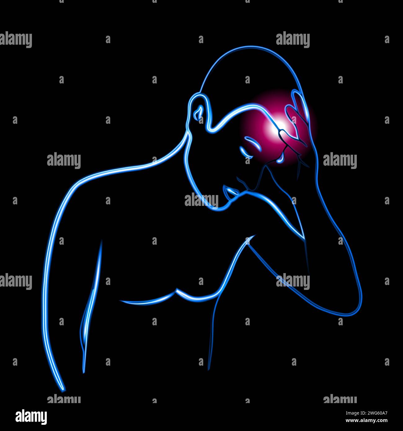 Vector isolated illustration of human headache. Neon outline drawing of ...